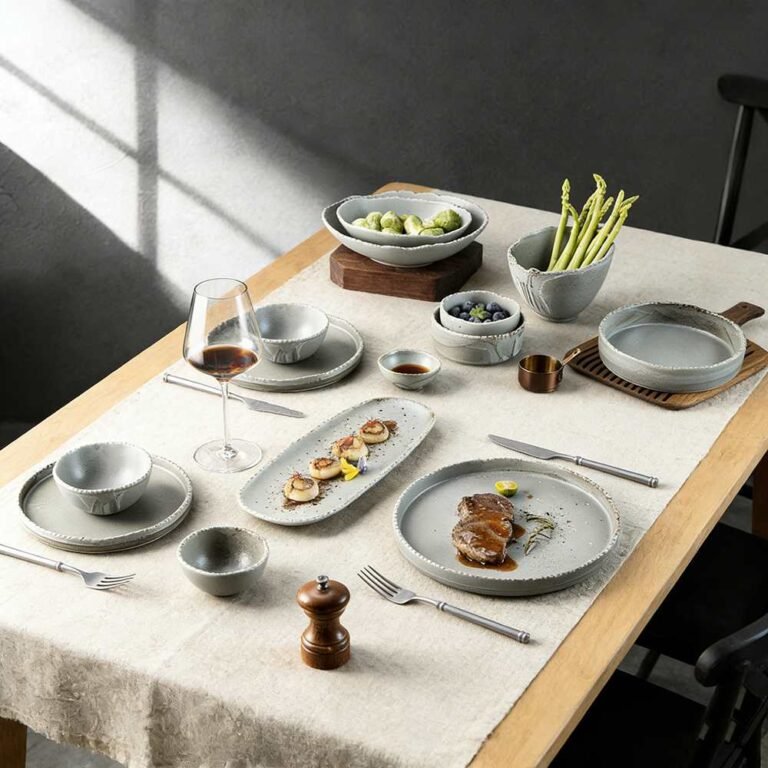Light Gray Kiln-Change Glaze Natural Rough-Edge Ceramic Tableware Set ...