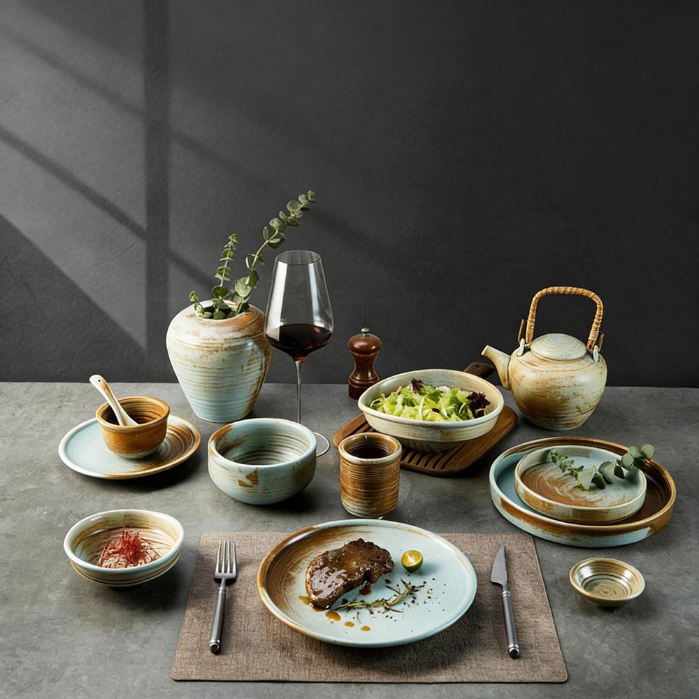 Turquoise-Yellow Gradient Kiln-Change Glaze Ceramic Dinnerware Set ...