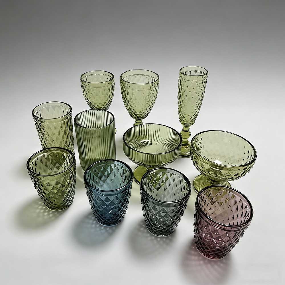 Vintage Embossed Colored Glassware - Morandi Tumblers, Goblets Cocktail ...